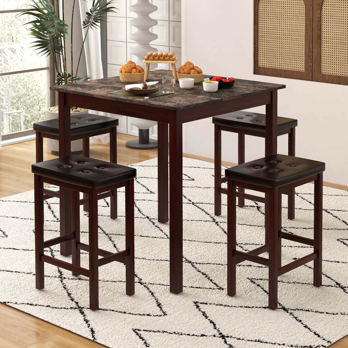 Ebern Designs 5 Pcs Bar Table Set Square Dining Table & 4 Pvc Leather Upholstered Bar Stools ...